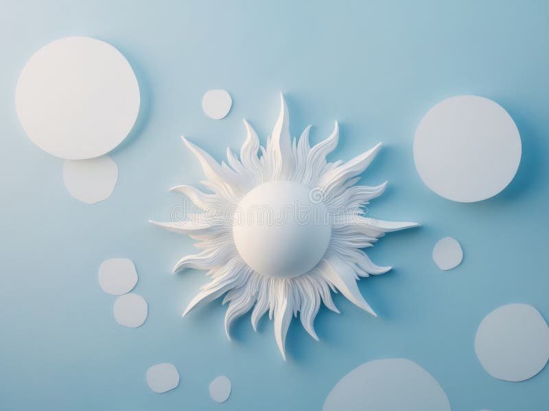 White Sun and Circles on Light Blue Background, Minimalist Design ...