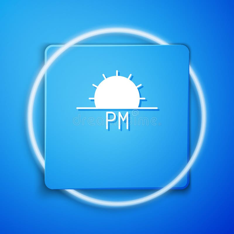 White Sunset Icon Isolated on Blue Background. Blue Square Button Stock ...