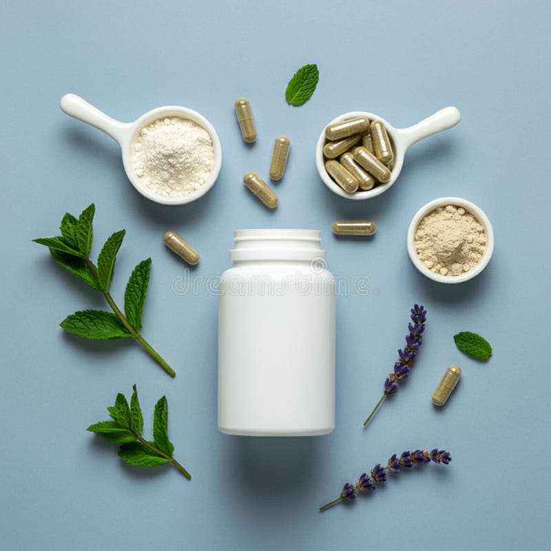 White Supplement Bottle Centered on a Blue Background, Surrounded by ...