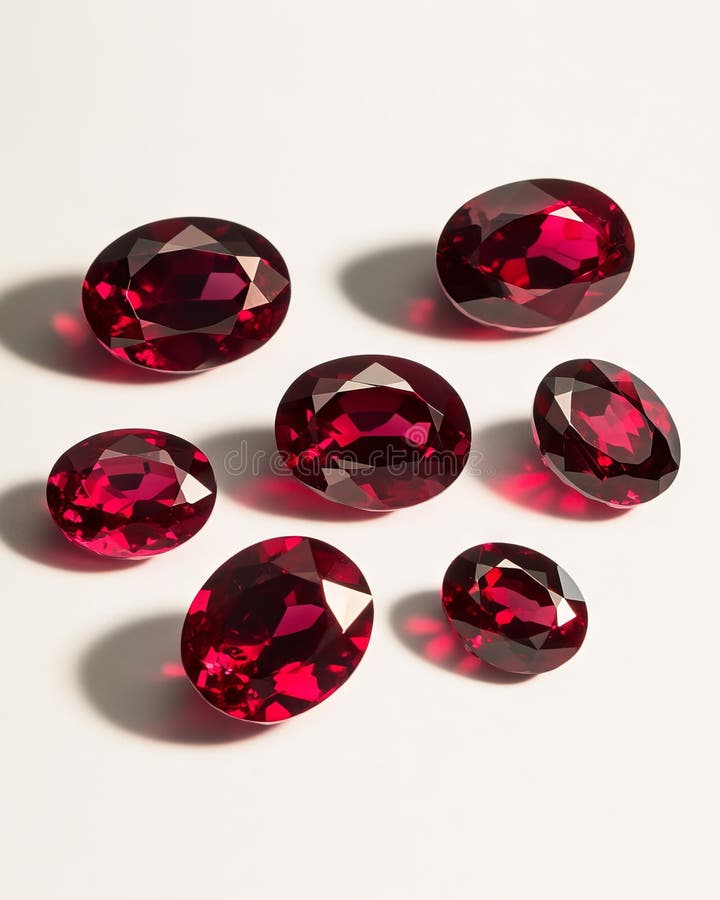 A White Surface Features Scattered Oval-shaped Red Gemstones, Softly ...