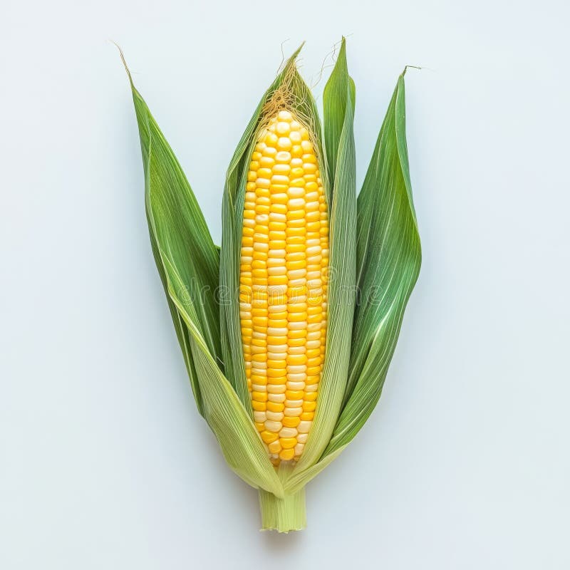 On a White Surface, an Image Features a Corn Cob with Leaves, and Also ...
