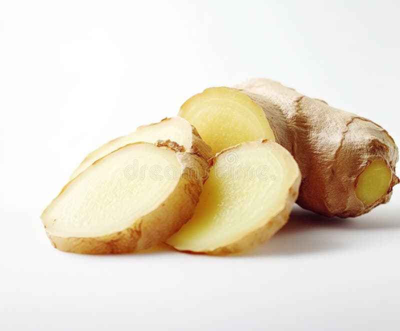 On a White Surface, There are Ginger Root and Its Slices Neatly ...