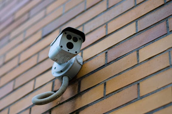 White Surveillance Camera on a Brick Wall Stock Photo - Image of ...