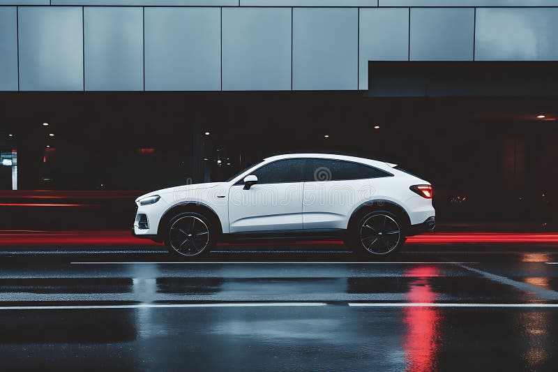 White SUV Driving Past Modern Building at Night Stock Illustration ...