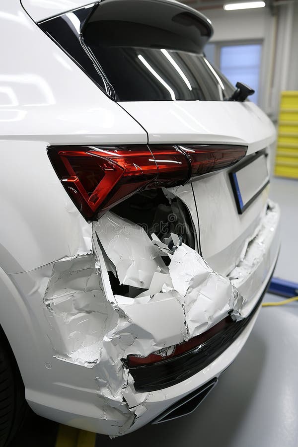 White Suv with Rear End Damage in Garage Workshop Setting Stock Image ...