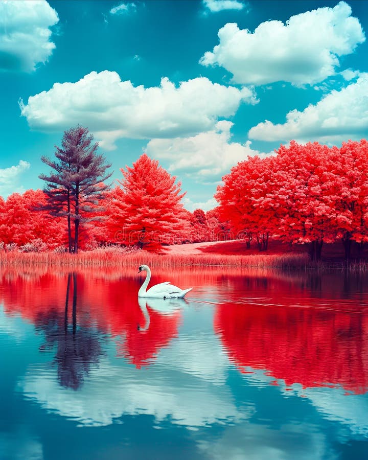 A White Swan Floating on Top of a Lake Surrounded by Red Trees Stock ...