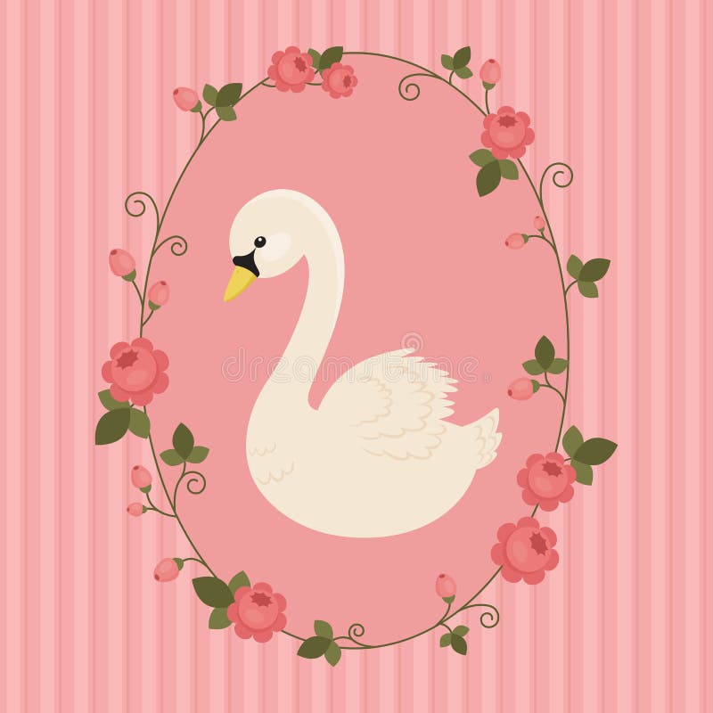 White Swan in Floral Frame on Pink Background Stock Vector ...