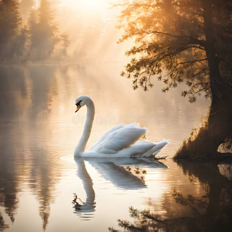 White Swan in the River a Dreamland Full of Cherry Blossom Trees. Stock ...