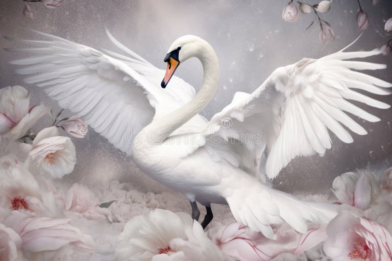 White Swan Spread Its Wings among White Flowers Stock Illustration ...