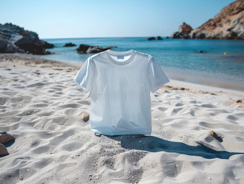 White T-Shirt Floating on Sandy Beach with Bright Blue Sky Background ...