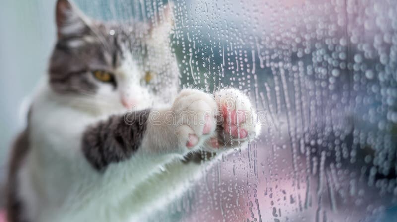 White and Tabby Cat Pressing Paws on Window Sill, Looking Outside Stock ...