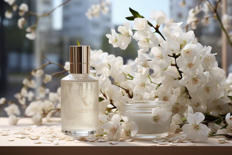 White Table Backdrop Adorned with Skin Cream Bottles and Delicate ...