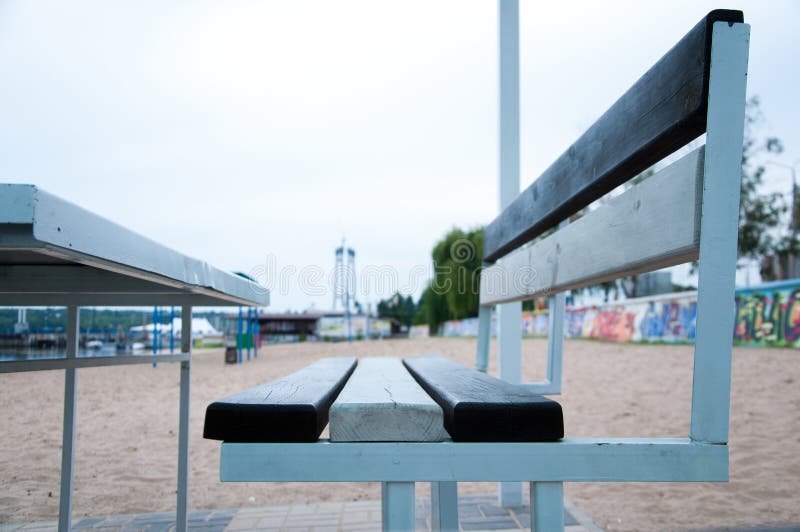 White Table and Bench on the Beach. River Stock Image - Image of table ...