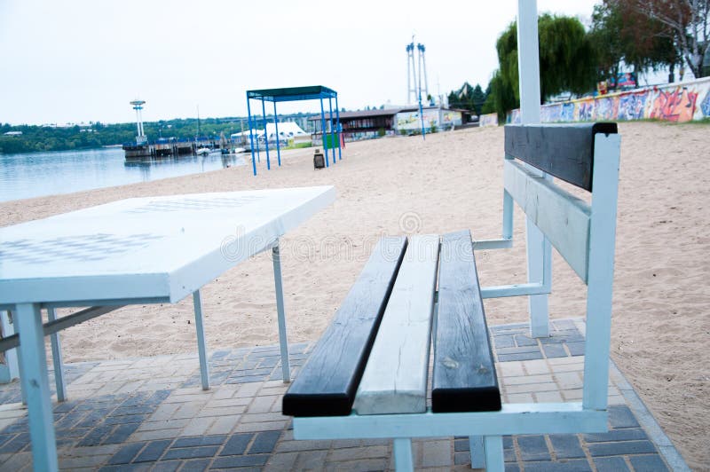 White Table and Bench on the Beach. River Stock Photo - Image of view ...