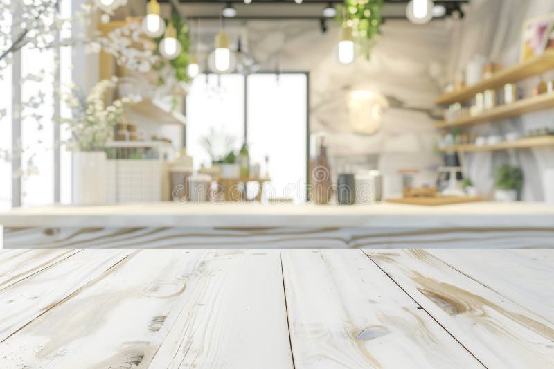 White Table with Blurred Lights in Bright Interior Stock Photo - Image ...