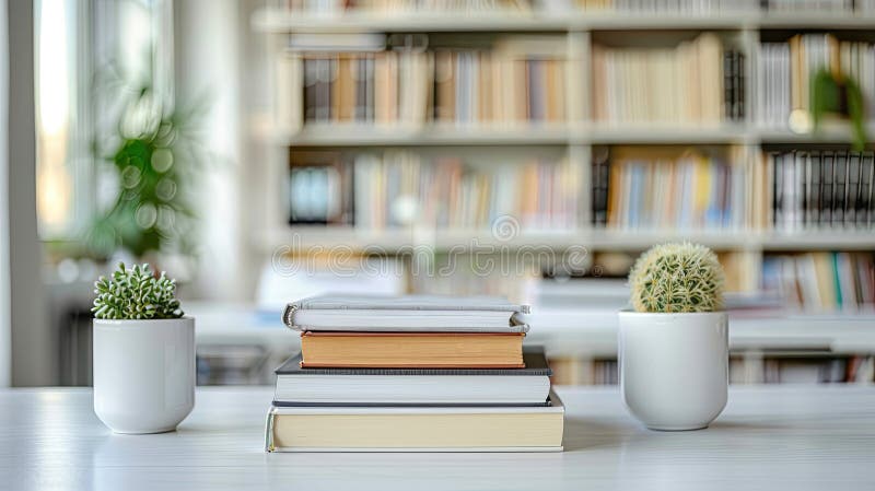 White Table with Books, Stationery and Copy Space in Blurred Study Room ...