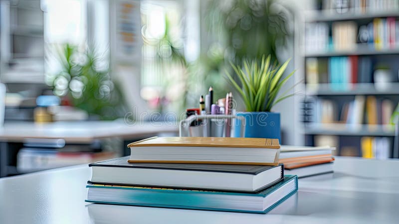White Table with Books, Stationery and Copy Space in Blurred Study Room ...