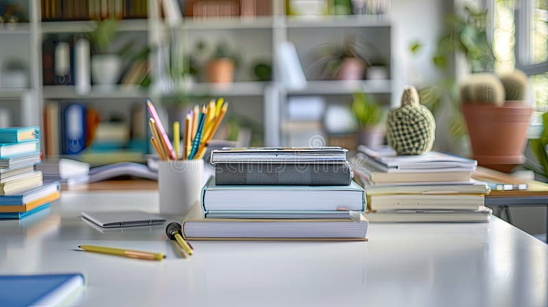 White Table with Books, Stationery and Copy Space in Blurred Study Room ...