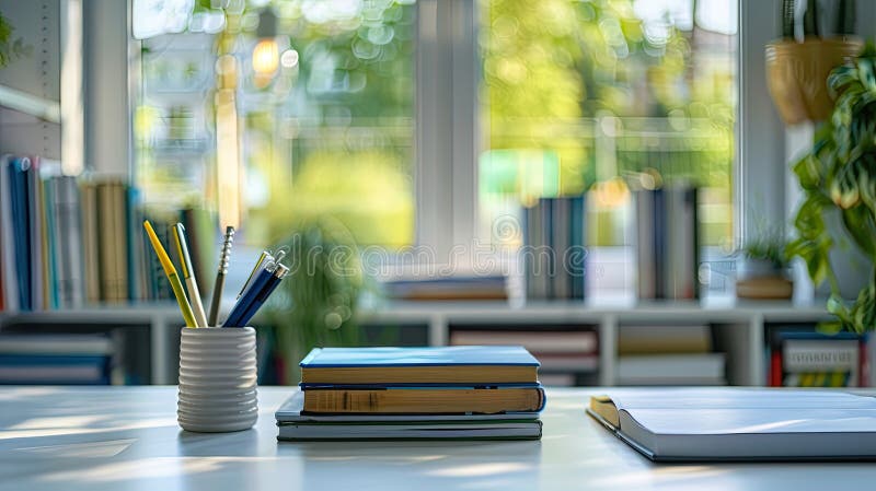 White Table with Books, Stationery and Copy Space in Blurred Study Room ...