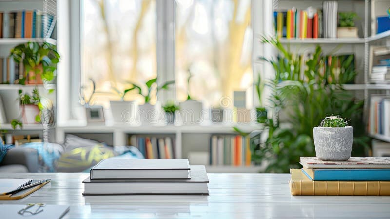 White Table with Books, Stationery and Copy Space in Blurred Study Room ...