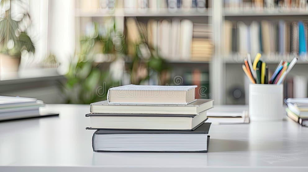 White Table with Books, Stationery and Copy Space in Blurred Study Room ...