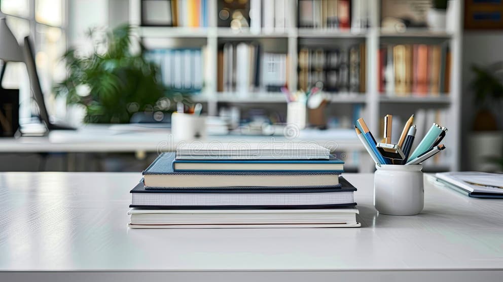 White Table with Books, Stationery and Copy Space in Blurred Study Room ...