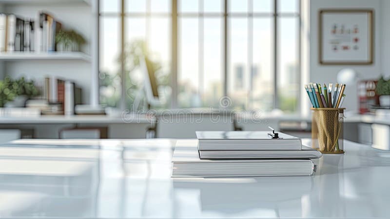 White Table with Books, Stationery and Copy Space in Blurred Study Room ...