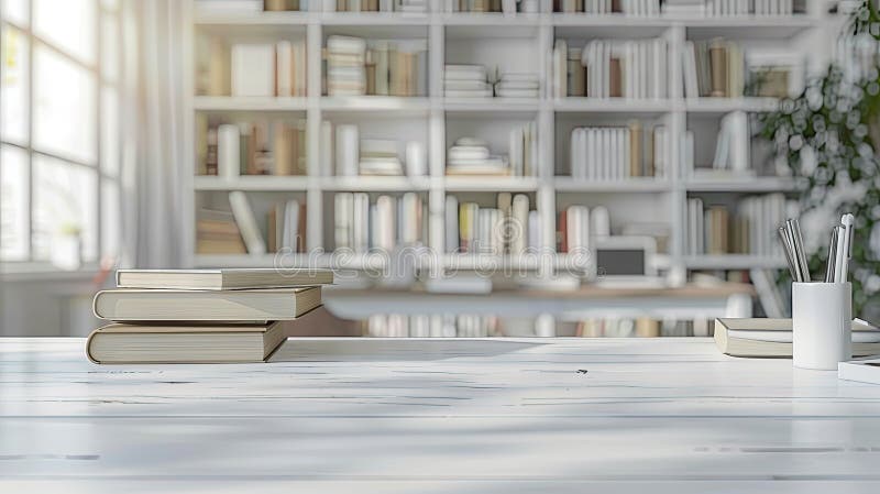 White Table with Books, Stationery and Copy Space in Blurred Study Room ...