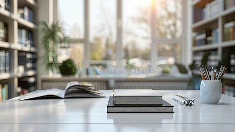 White Table with Books, Stationery and Copy Space in Blurred Study Room ...
