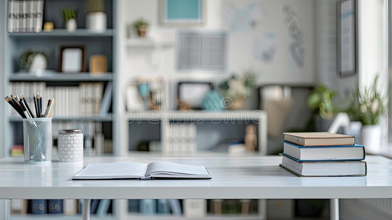 White Table with Books, Stationery and Copy Space in Blurred Study Room ...