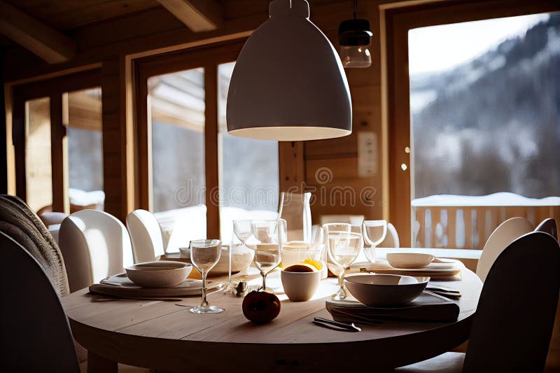 White Table with Bright Breakfast at Big Dining Table on Chalet Stock ...