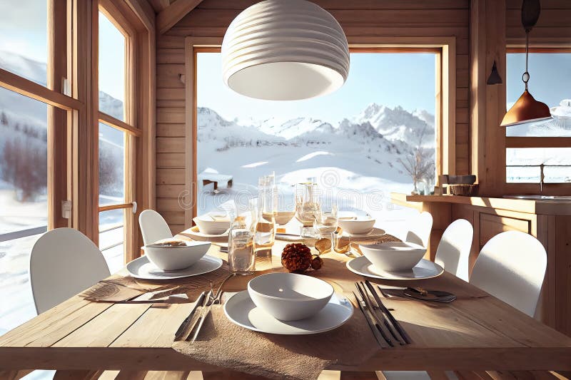 White Table with Bright Breakfast at Big Dining Table on Chalet Stock ...