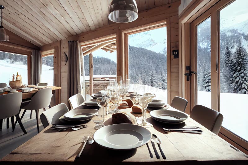 White Table with Bright Breakfast at Big Dining Table on Chalet Stock ...