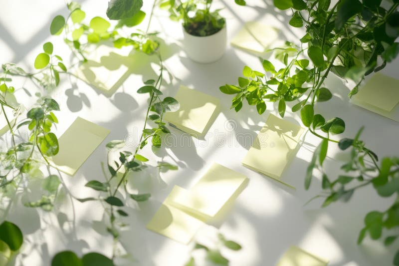 A White Table with a Bunch of Green Plants and Yellow Sticky Notes ...