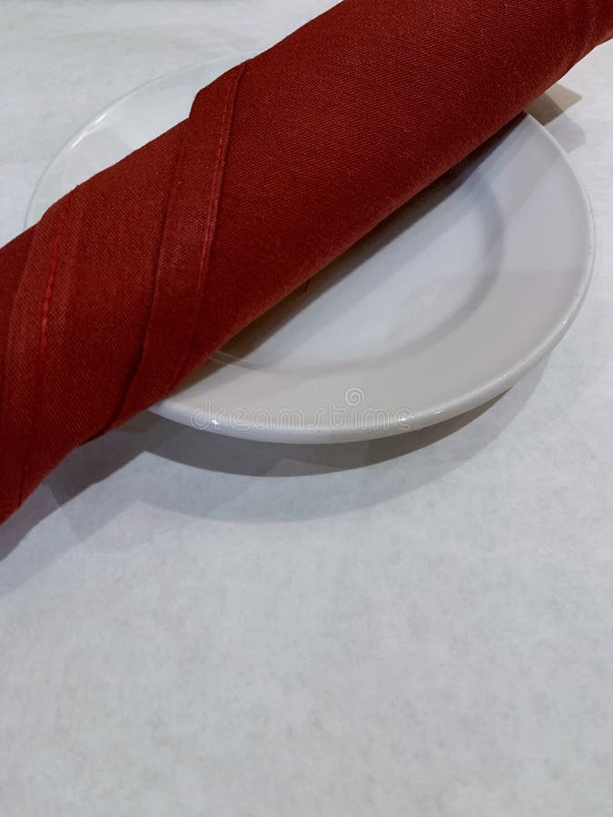 White Table Cloth, White Plate, and Red Cloth Napkin Stock Photo ...