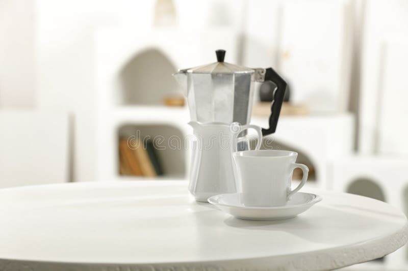 White Table of Empty Space and Kitchen Interior. Summer Natural Sun ...