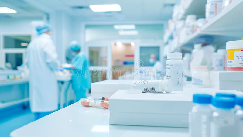 A White Table Filled with Medicines and Boxes of Medicines with Two ...