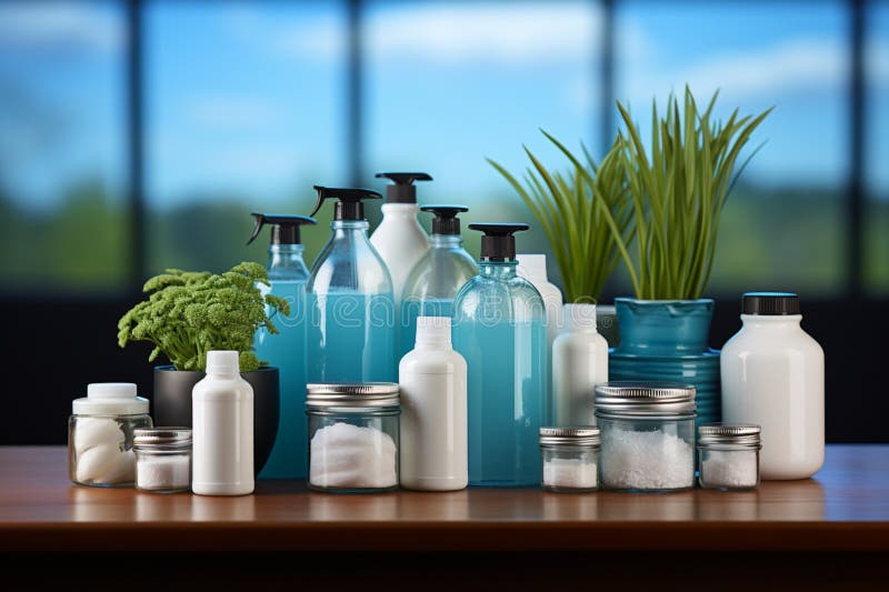 White Table Hosts Cleaning Essentials, Set Against Blue Gradient ...