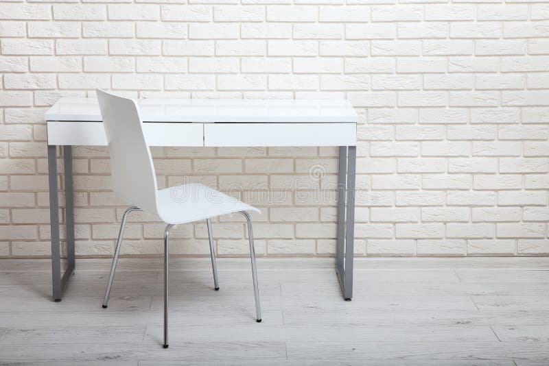 White Table Near the White Wall. Empty Workplace in the Room. White ...