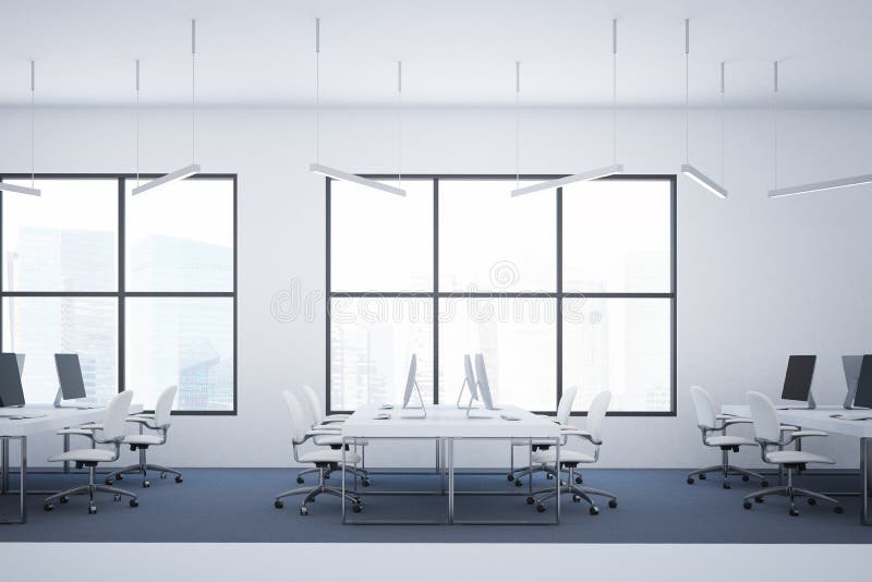 White Table Open Plan Office, Dark Floor Side View Stock Illustration ...