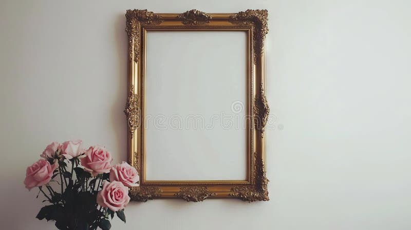 On a White Table, an Ornate Gold Frame Holds a Bouquet of Pink Roses ...