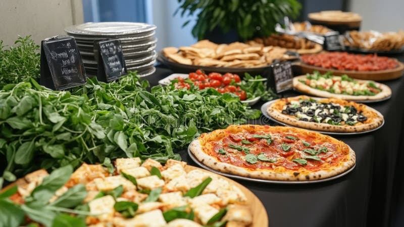 White Table with Pizza and Green Leafy Toppings Arranged for Display ...