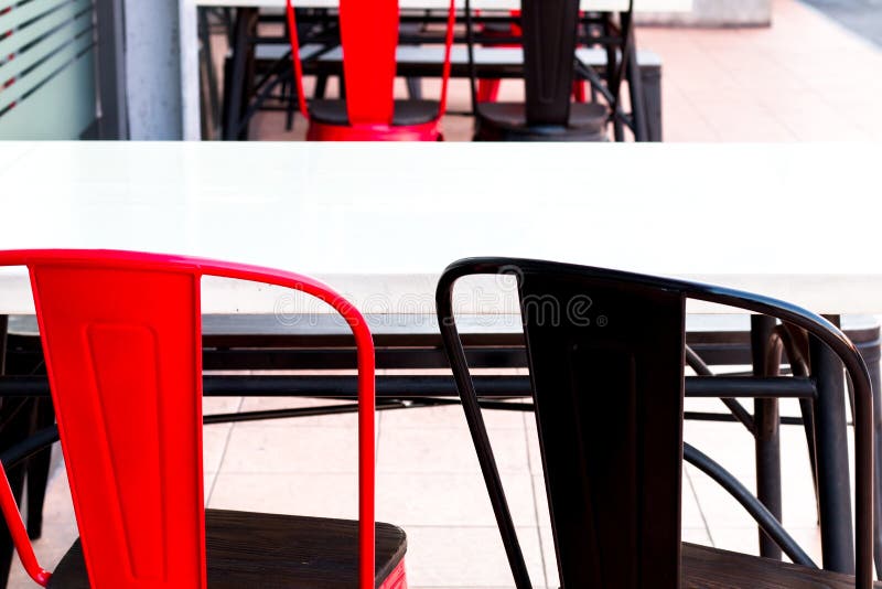 White Table ,red and Black Chair in Restaurant.Closed Up Stock Photo ...