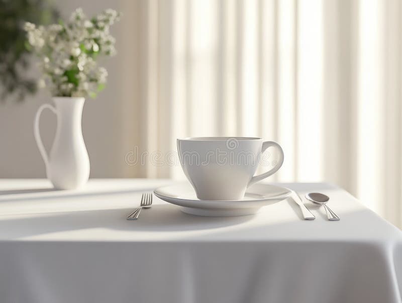 White Table Setting with Cup and Saucer Stock Photo - Image of interior ...