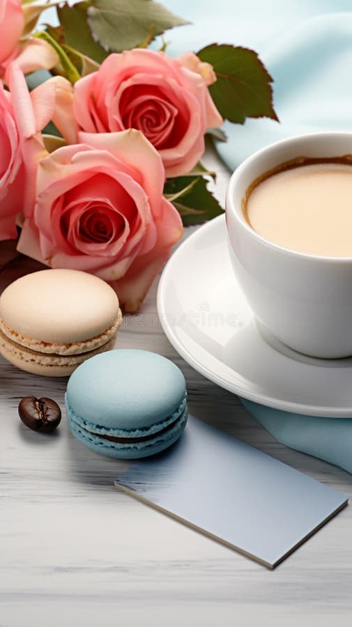 White Table Setup with Espresso, Business Card, and Blue Macaron Stock ...