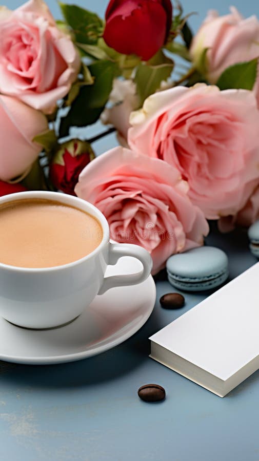 White Table Setup with Espresso, Business Card, and Blue Macaron Stock ...