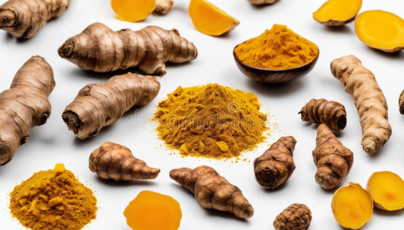 A White Table with Sliced Ginger and Yellow Spices Stock Illustration ...