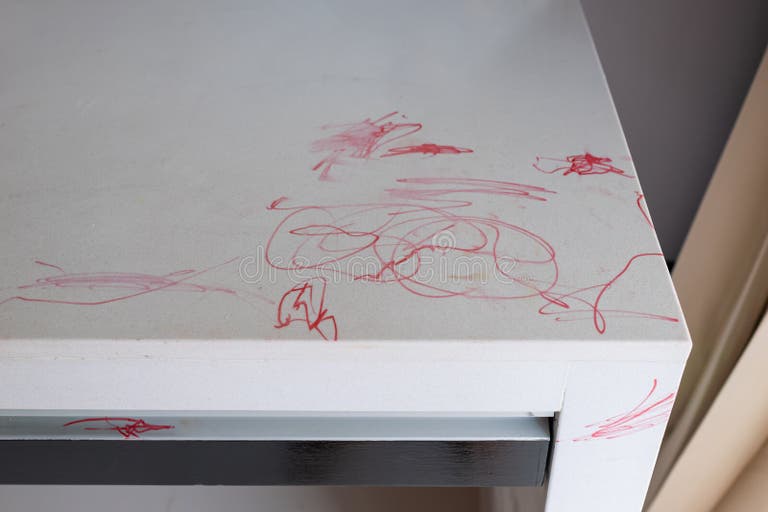 White Table Surface Covered in Red Marker Scribbles Stock Image - Image of messy, mischief ...