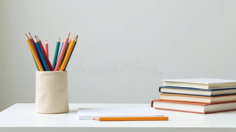 On a White Table There is a Stand with Colored Pencils and Books Stock ...