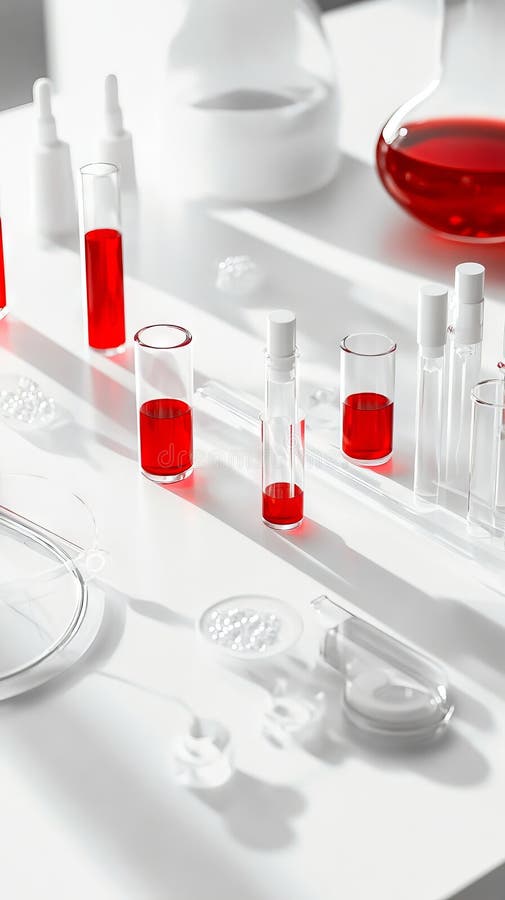 A White Table Topped with Glass Vials Filled with Red Liquid Stock ...